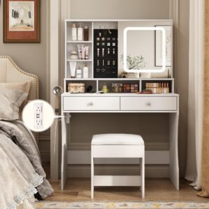 makeup vanity desk with lights, vanity mirror with lights desk and chair, white vanity with lighted mirror & sliding mirror & power outlet, dressing table with mirror, 3 color modes, bedroom