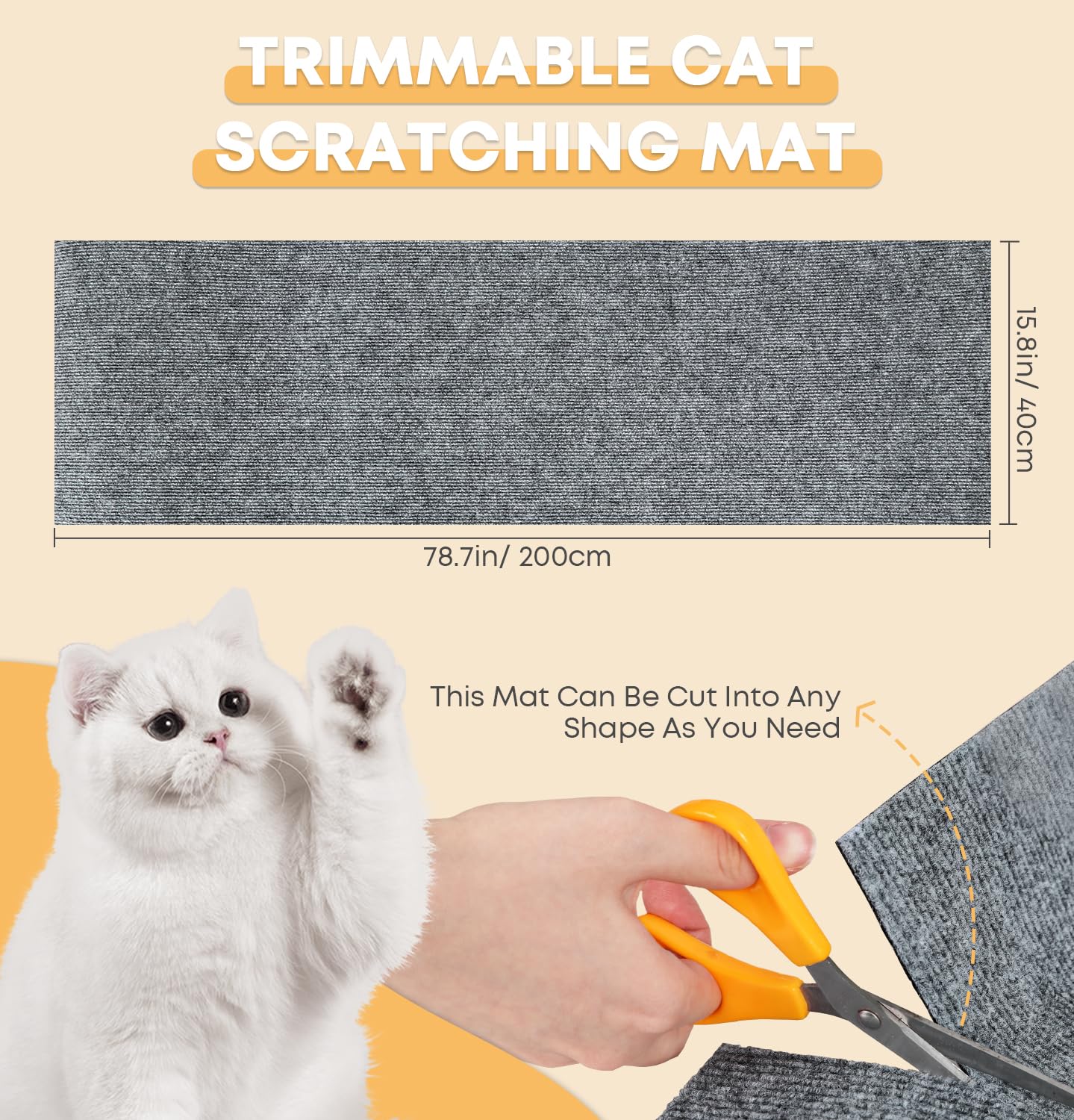 Trimmable Cat Scratching Mat, 78.7"x15.8" Self-Adhesive Cat Scratching Post Pad, Cat Tree Shelves Cover Replacement, DIY Versatile Protector for Steps, Couch and Furniture