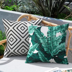 Merrycolor Outdoor Throw Pillow Covers 18x18 Waterproof Pillow Cover Green Leaves Geometric Pattern Square Cushion Covers Patio Pillow Cases Outdoor Pillows for Patio Furniture, Pack of 4