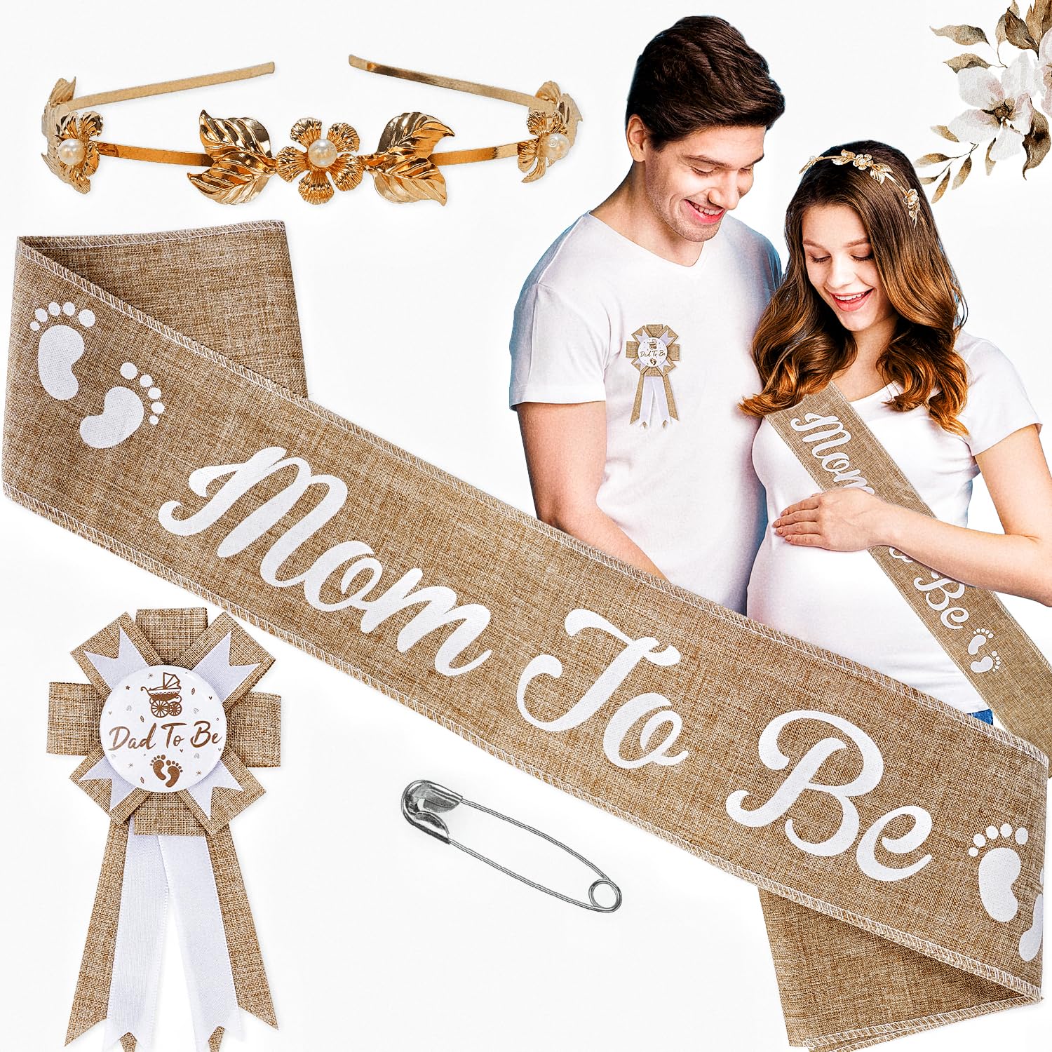 Neutral Burlap Mom to Be Sash Dad to Be Pin Baby Shower Decorations, Rustic Boho Gold Flower Crown Headband Mommy to Be Sash for Gender Reveals Party Decorations for Pregnant Keepsake Gifts