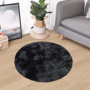 ATRUG Tie-Dyed Black Round Rug for Bedroom Soft Circle Rug Modern Small Round Rug for Kids Girls Boys Teen Room Fluffy Plush Shaggy Circle Carpet for Baby Nursery Living Room Playroom Home Decor 2X2ft