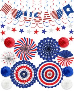 26 pcs 4th of july decorations outdoor, patriotic decorations love usa banner red white blue paper fans hanging swirls pompoms independence day decor for veterans day, memorial day, fourth of july