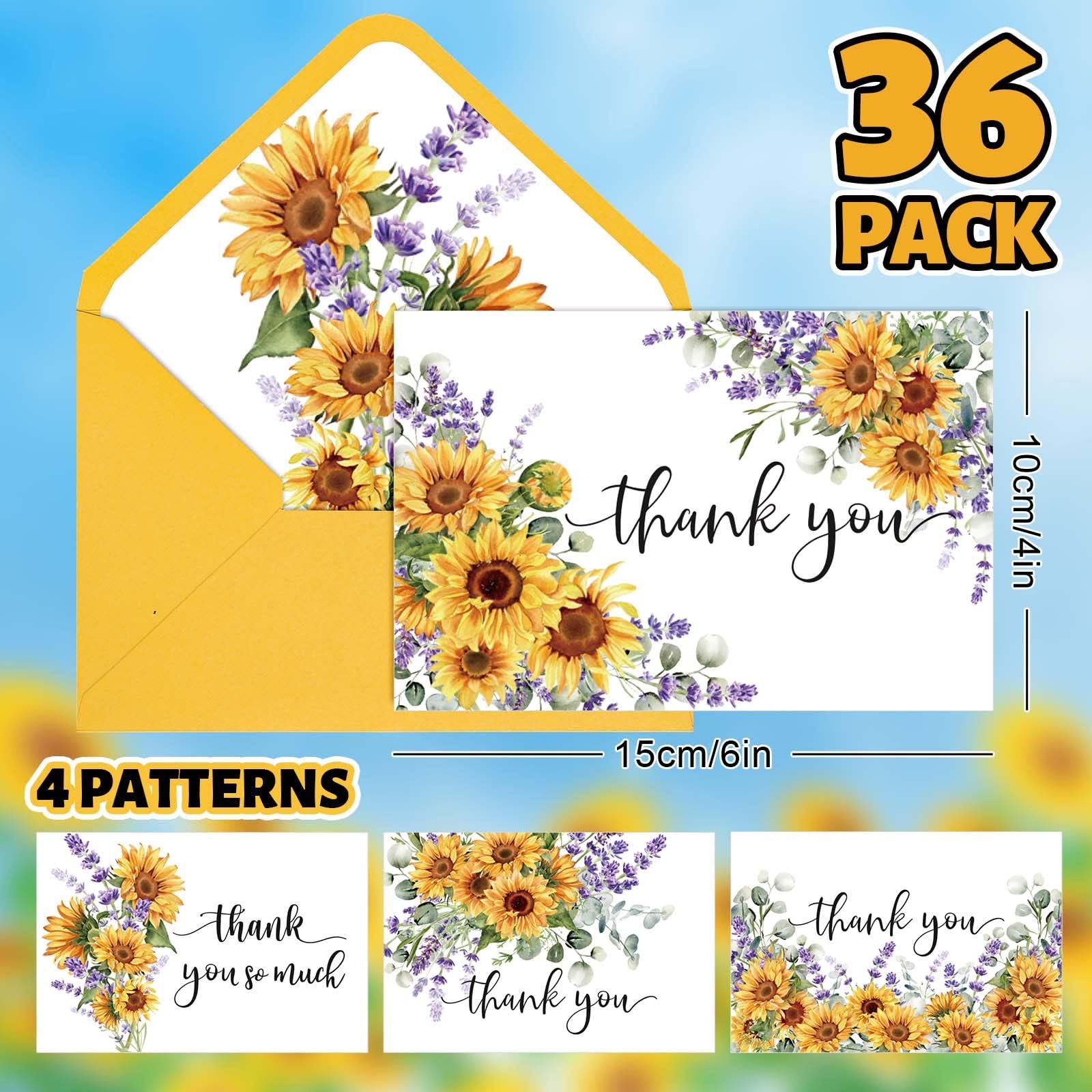 Whaline 36 Packs Sunflower Thank You Cards Spring Summer Flower Greeting Cards Floral Blank Note Cards with Envelopes and Stickers for Wedding Birthday Baby Shower Party, 4 x 6 Inch