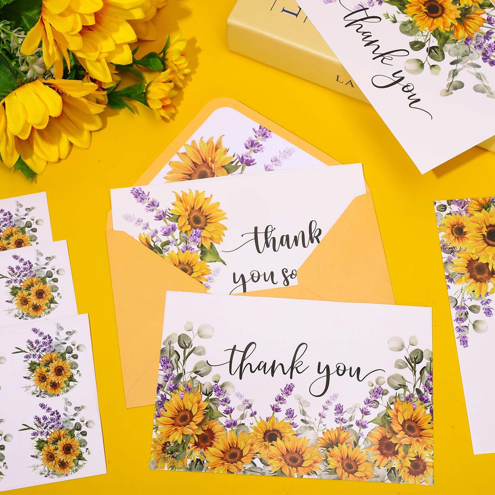 Whaline 36 Packs Sunflower Thank You Cards Spring Summer Flower Greeting Cards Floral Blank Note Cards with Envelopes and Stickers for Wedding Birthday Baby Shower Party, 4 x 6 Inch