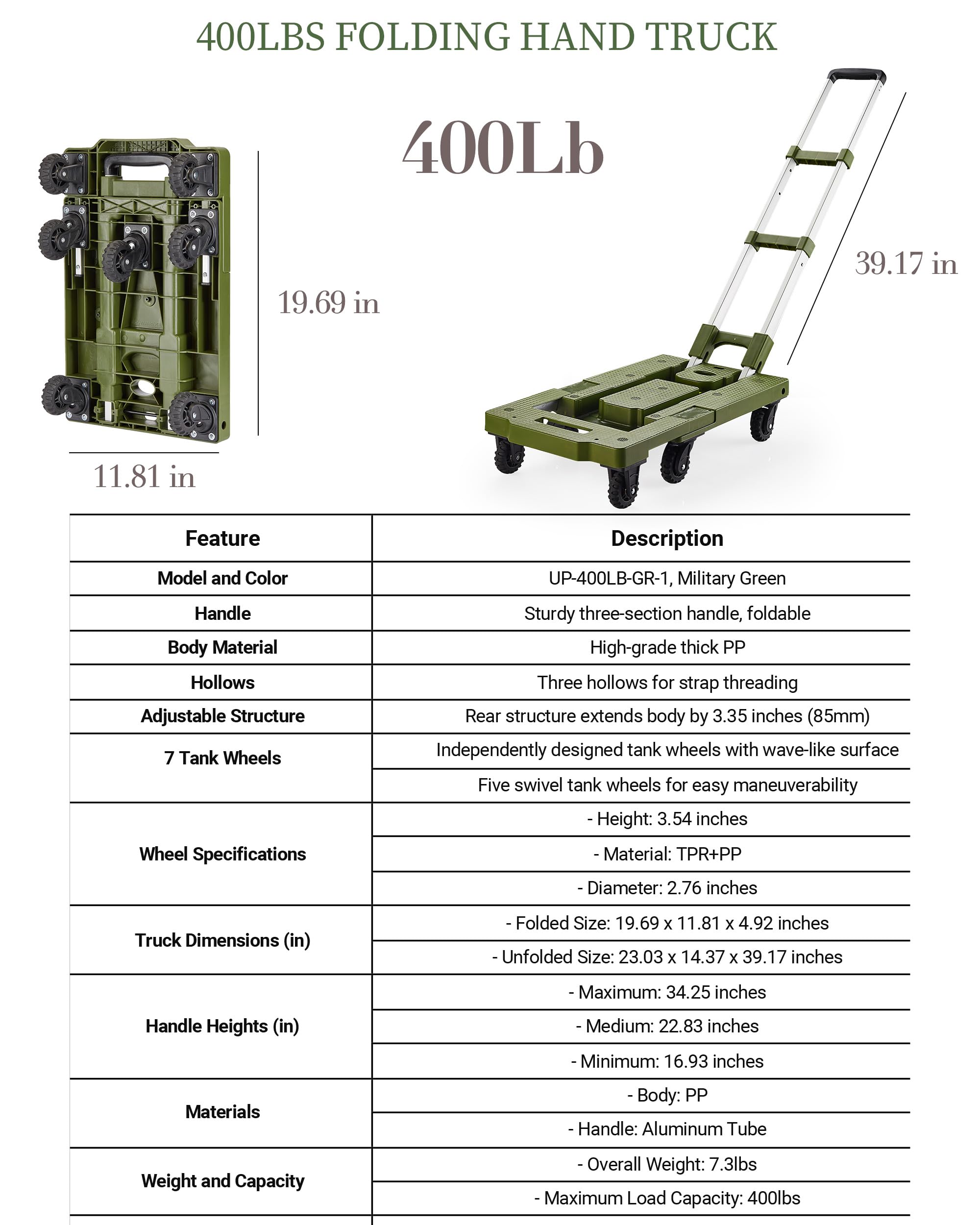 UPWOIGH Folding Hand Truck,400 lb Heavy Duty Cart,Multifunctional Hand Cart,Green Portable Folding Luggage Cart with 7 Tank Wheels and 2 Bungee Cords,Ideal for Moving, Traveling,Shopping and Camping