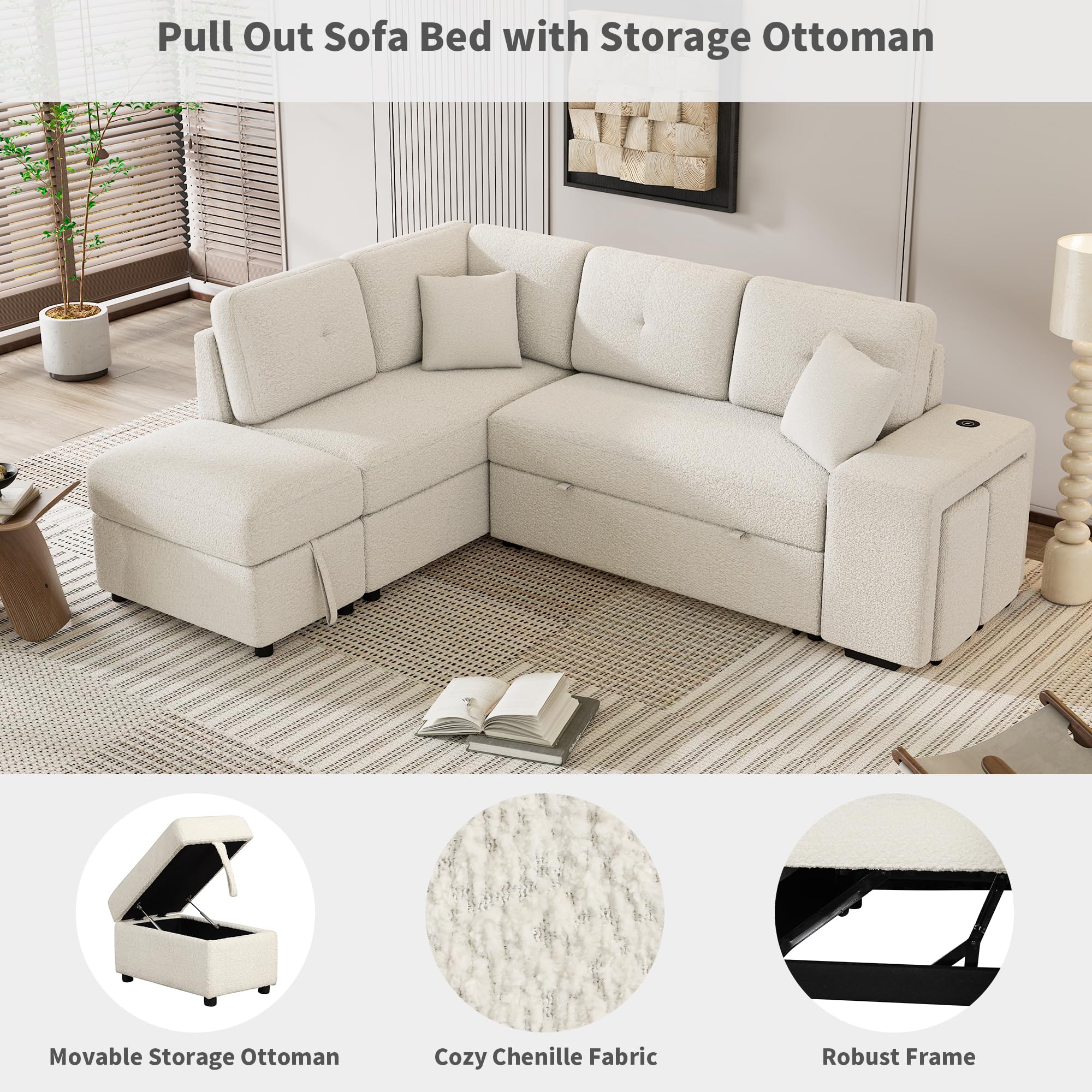 Olodumare 87.7" L-Shaped Sectional Pull Out Sofa Bed Sleeper Sofa,Corner Sofa with Storage Ottoman,2 Throw Pillows,2 Stools,Wireless Charger and Two Hidden USB Ports for Living Room,Small Space,Cream