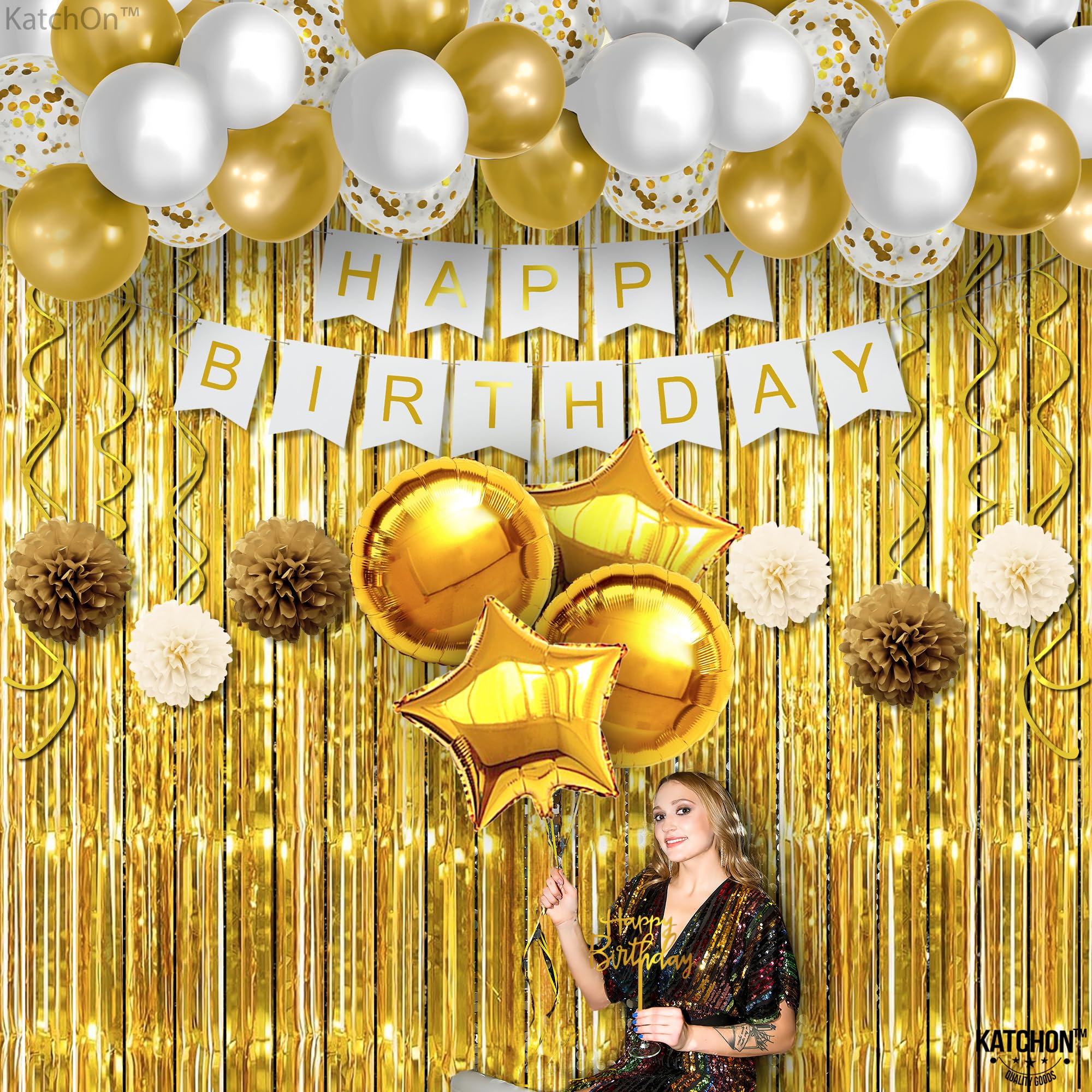 KatchOn, Gold Birthday Decorations Set - Pack of 45 | Gold Fringe Backdrop, Gold Happy Birthday Banner for Golden Birthday Party Decorations | Gold Happy Birthday Decorations | Gold Party Decorations