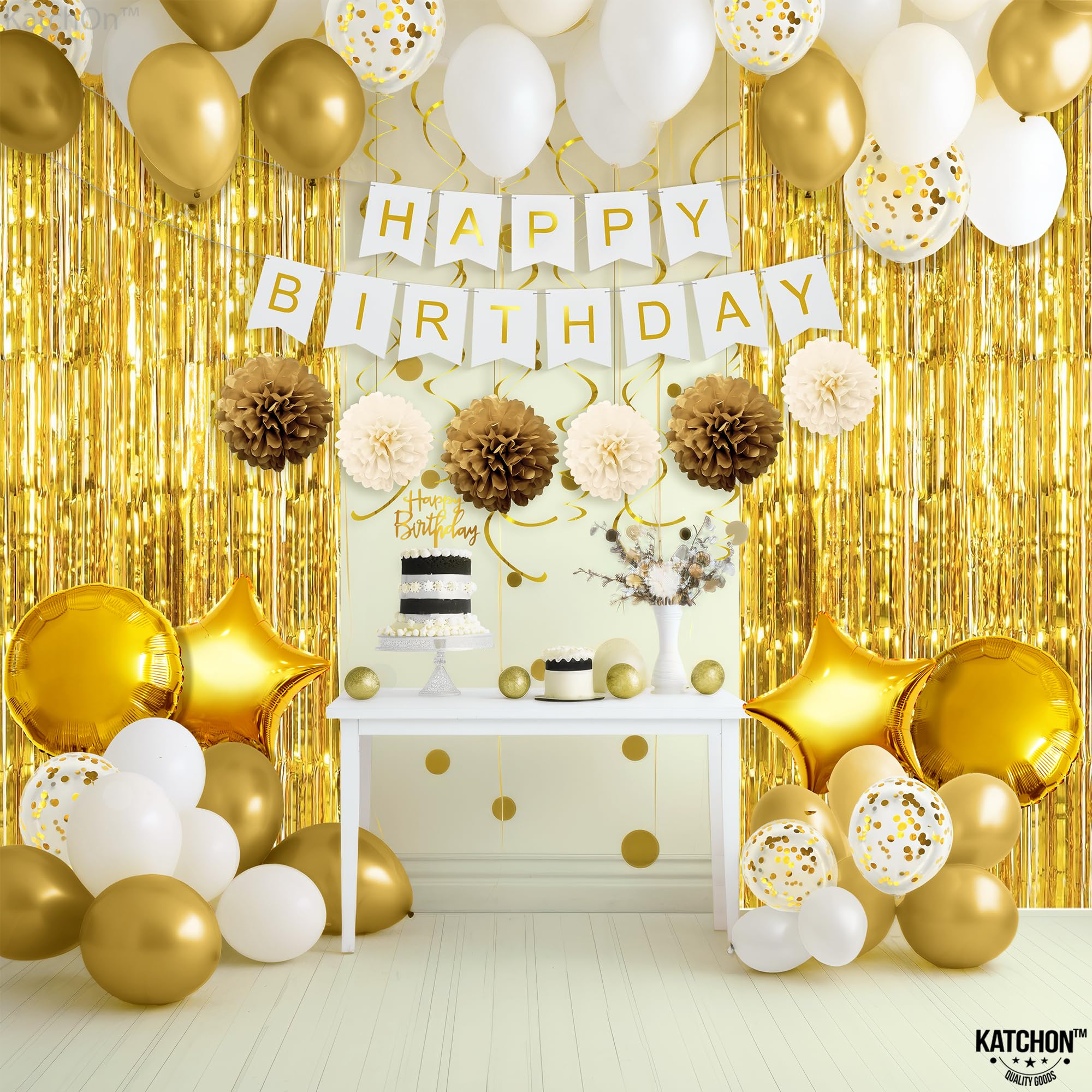 KatchOn, Gold Birthday Decorations Set - Pack of 45 | Gold Fringe Backdrop, Gold Happy Birthday Banner for Golden Birthday Party Decorations | Gold Happy Birthday Decorations | Gold Party Decorations