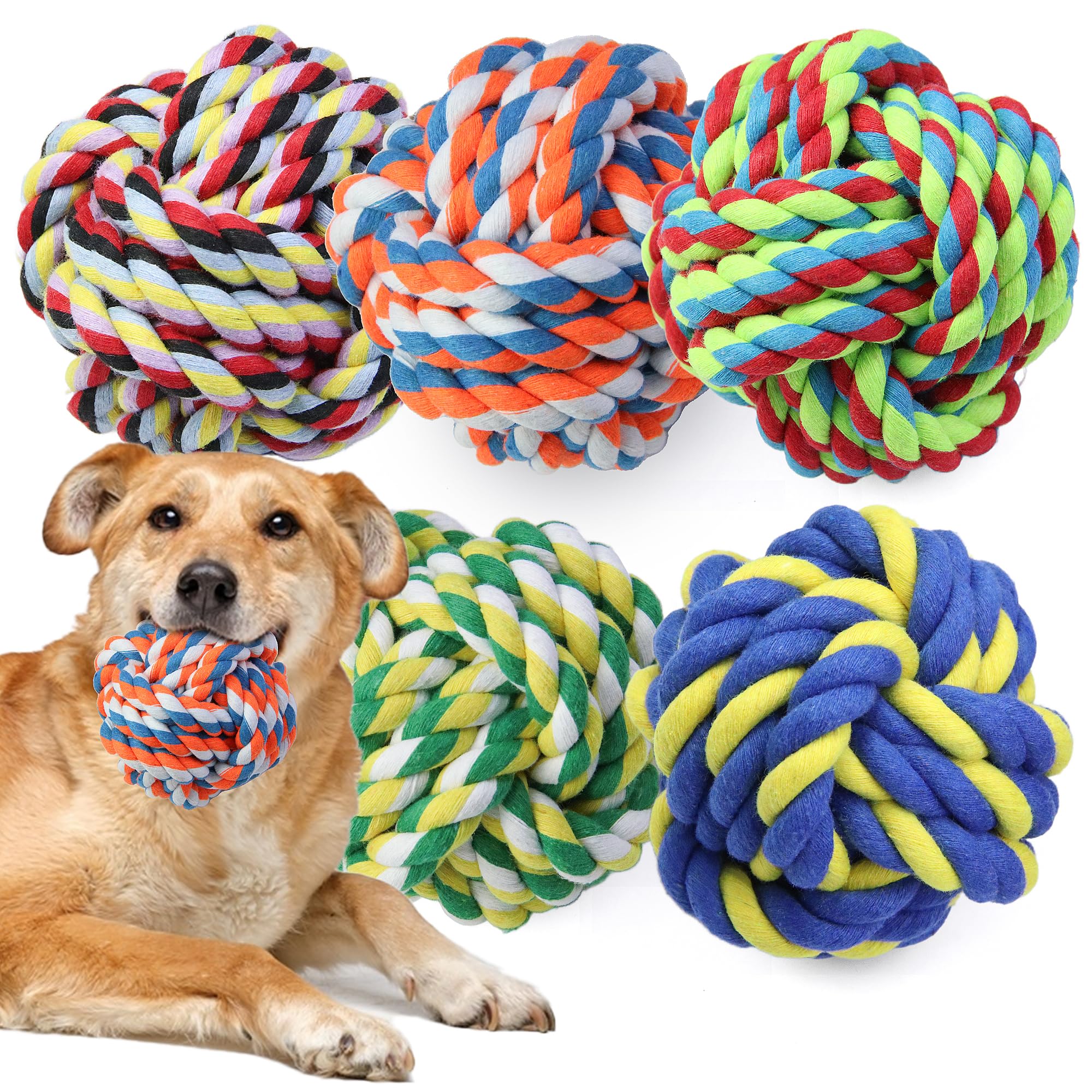 GASAPET Extra Large Dog Chew Ball Rope Toys for Aggressive Chewers, 5 Pack Durable Balls Toy for Medium Large Breeds, Dental Cotton Dog Rope Toys, Puppy Teething Chew Toys, Interactive Dog Toys