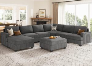 nolany sectional couch with storage ottoman, corduroy modular corner sectional sofa, u shape sectional couches for living room, dark grey