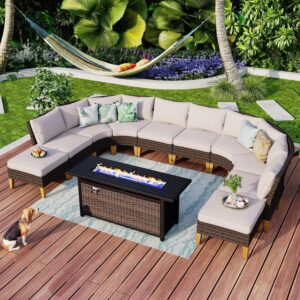 mfstudio 11 pieces wicker patio furniture set with 56" fire pit table, all-weather rattan outdoor half-moon patio sectional sofa set, 4 x curved sofa, 4 x armless sofa, 2 x ottoman(beige cushion)