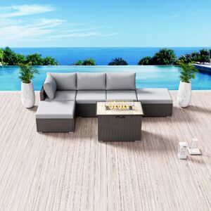 dineli patio furniture set sofa outdoor furniture set sectional couch fire pit table balcony furniture patio table and chairs set with propane fire pit (light gray, 6 pcs/firepit table)