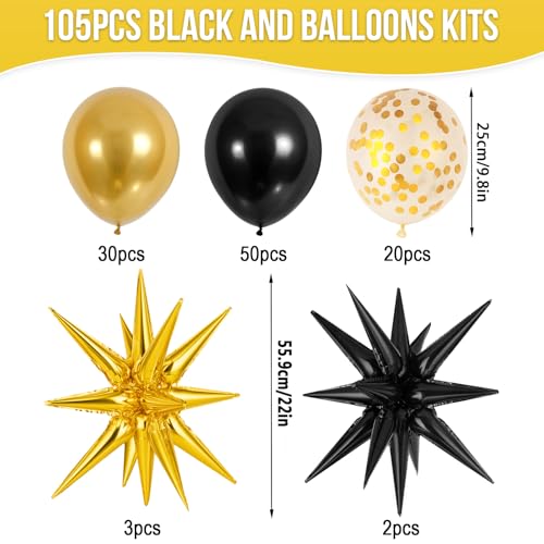 105 Pcs Black and Gold Balloons Kit, 22 Inch Gold Explosion Star Aluminum Foil Balloons Confetti Balloon for Birthday, Graduation, New Year, Wedding, Baby Shower, Party Decorations Supplies