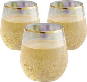 oojami 36 piece disposable stemless platic wine tumbler cups unbreakable crystal clear gold rim plastic wine glasses elegant drinkware for wedding, birthday, indoor outdoor pool 12 ounce