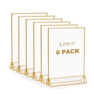 cashger 8.5x11 clear sign holder, wedding table sign double sided holder, set of 6 clear acrylic frames with gold border for menus, numbers, and decor