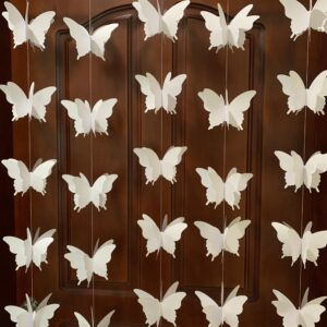 ymasela butterfly curtain hanging paper flower decorations (8.9ft x4strings) white butterflies hanging paper garland party streamers for outdoor decor, bridal shower wedding birthday party supplies