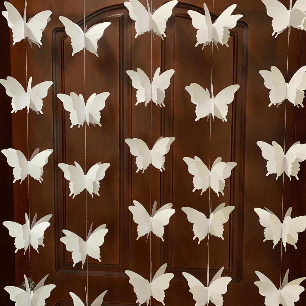 YMASELA Butterfly Curtain Hanging Paper Flower Decorations (8.9ft x4strings) White Butterflies Hanging Paper Garland Party Streamers for Outdoor Decor, Bridal Shower Wedding Birthday Party Supplies