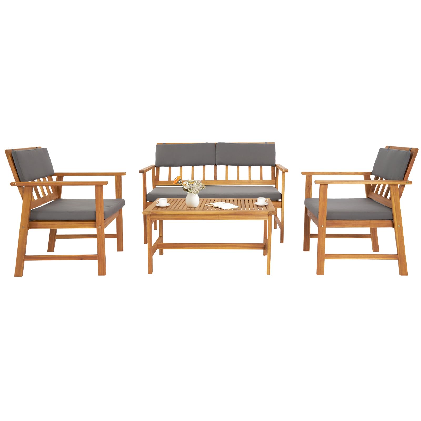 VINGLI Outdoor Patio Furniture, 4 Piece Acacia Wood Sofa Set w/Coffee Table, Patio Table and Chairs Set for Deck, Balcony, Backyard (Natural)