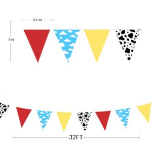 32Ft Cartoon Story Party Decorations Red Blue Yellow Toy Themed Story Fabric Banner Cloud and Cow Print Triangle Pennant Flag Garland Streamers for Kids Birthday Baby Shower Outdoor Garden Supplies