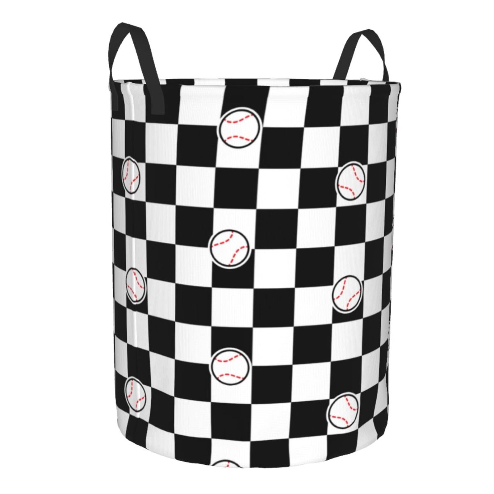 Gbuzozie Black And White Checkered Baseball Pattern Round Laundry Hamper Storage Basket Toys Clothes Organizer Bin For Home Bathroom Bedroom Dorm Nursery, 62l