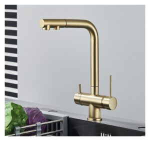 lhxeqjam chrome brass pull out filtered kitchen faucet dual handle hot cold drinking water 3-way filter purification mixer taps (color : brushed gold)