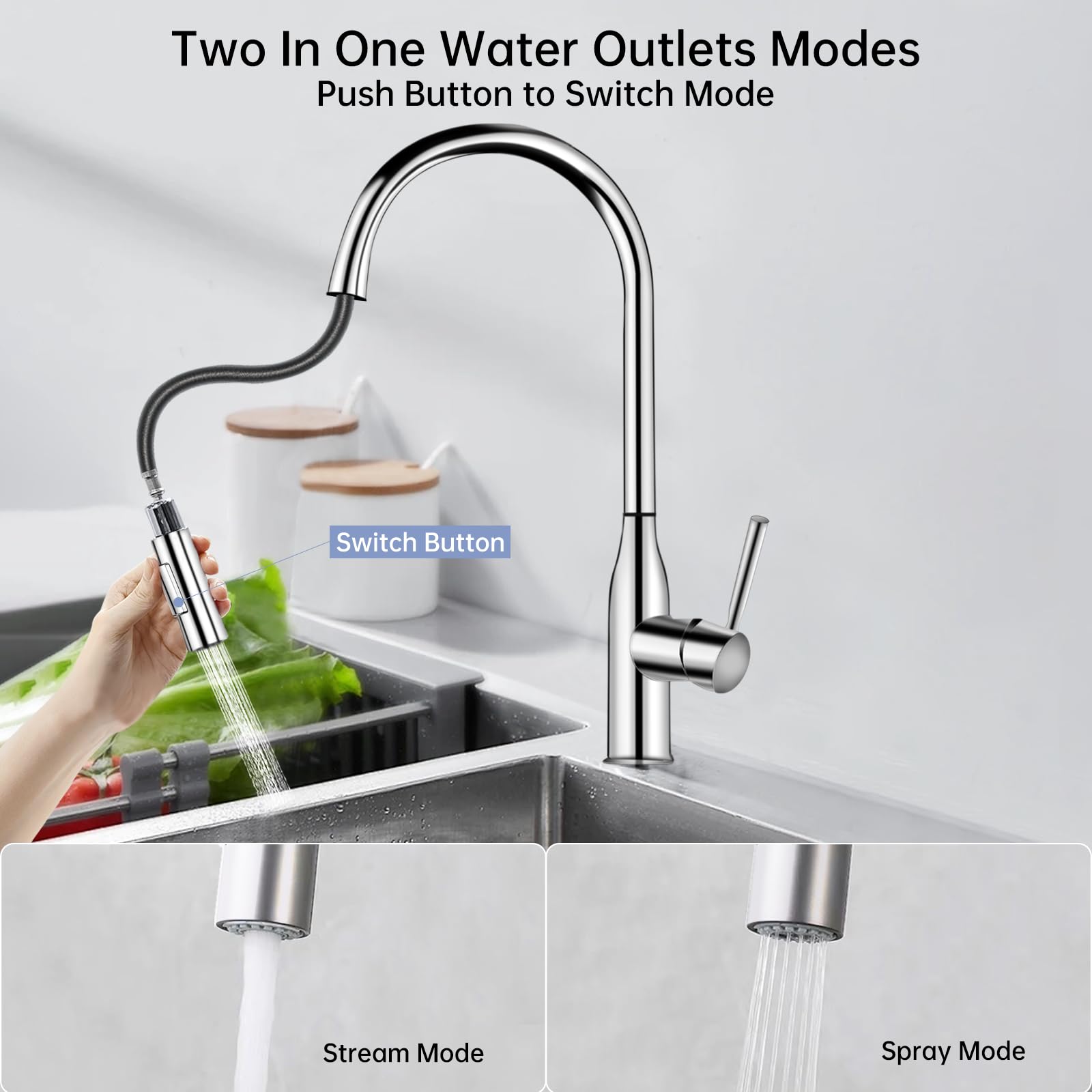 KUKKUME Kitchen Faucets with Pull Down Sprayer, Single Handle Kitchen Sink Faucet Modern Staninless Steel Kitchen Faucet Chrome