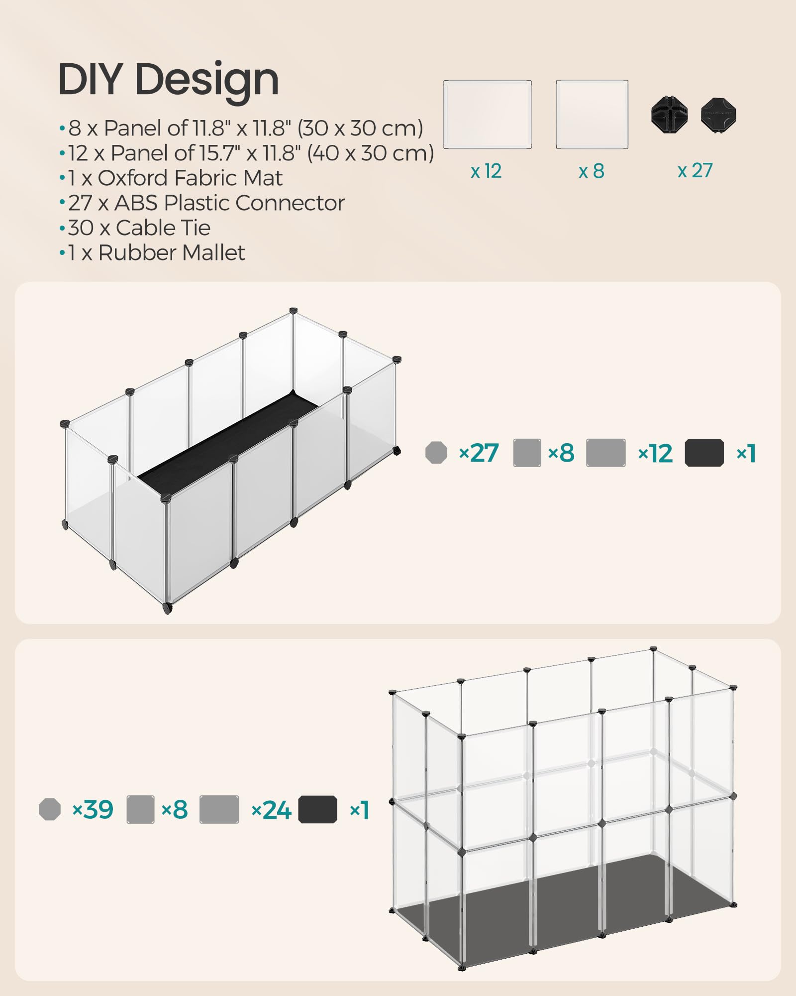 SONGMICS 20 Panels Guinea Pig Playpen,Removable Oxford Fabric Mat,Small Animal Pen, Pet Fence Indoor,DIY Plastic Enclosure for Hamsters, Rabbits, Hedgehogs, 49.2 x 24.8 x 16.5 Inches, White ULPC009W01