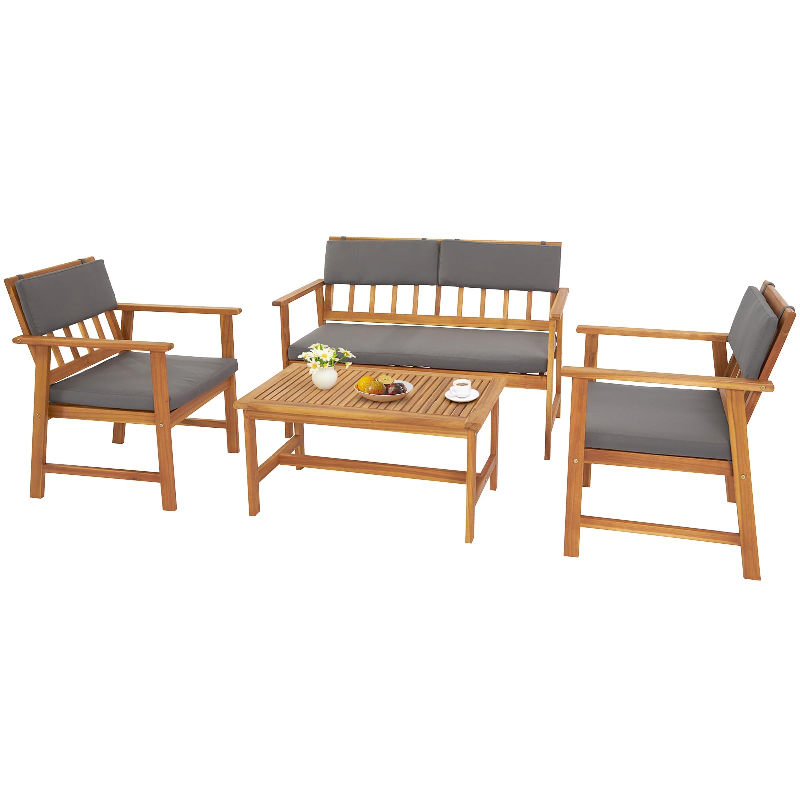 VINGLI Outdoor Patio Furniture, 4 Piece Acacia Wood Sofa Set w/Coffee Table, Patio Table and Chairs Set for Deck, Balcony, Backyard (Natural)