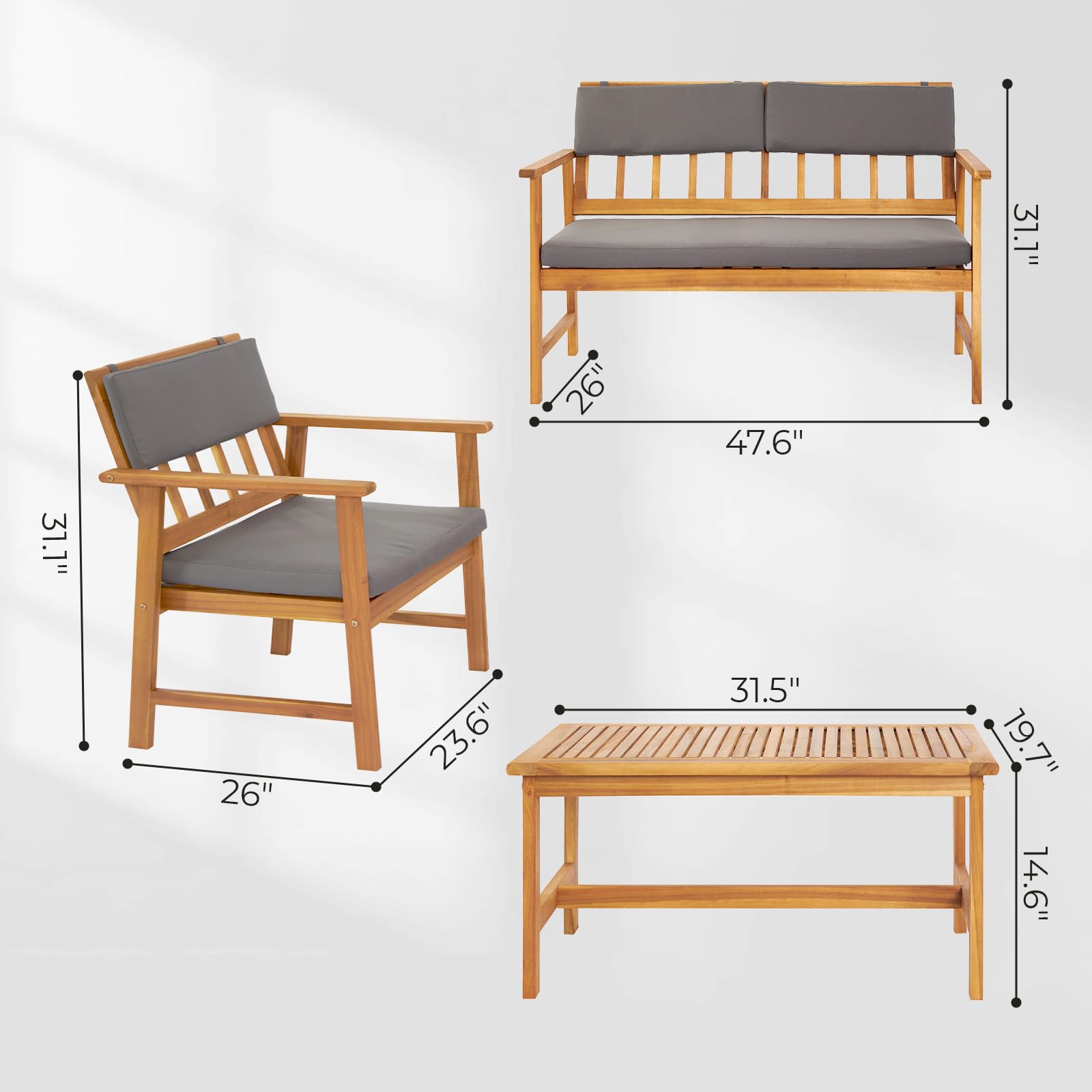 VINGLI Outdoor Patio Furniture, 4 Piece Acacia Wood Sofa Set w/Coffee Table, Patio Table and Chairs Set for Deck, Balcony, Backyard (Natural)