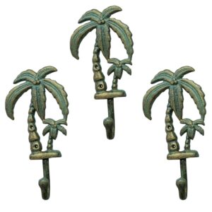 cast iron palm tree wall hooks - set of 3, 8"x4" tropical decorative hangers, rustic black finish, for coats, towels, bags - add a touch of the tropics to your home decor