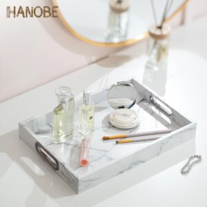 Hanobe Bathroom Vanity Tray Decorative: White Faux Marble Perfume Trays with Black Handles Rectangle Modern Table Decor for Dresser Counter