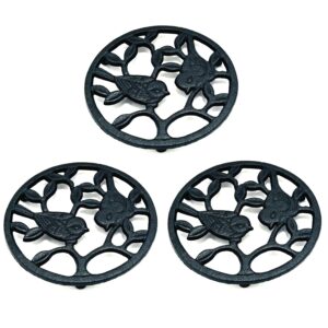 cast iron bird trivet set, 3-pack - decorative metal pot holders, rustproof & rubber feet for hot dishes, pans, teapots - kitchen & dining decor, black