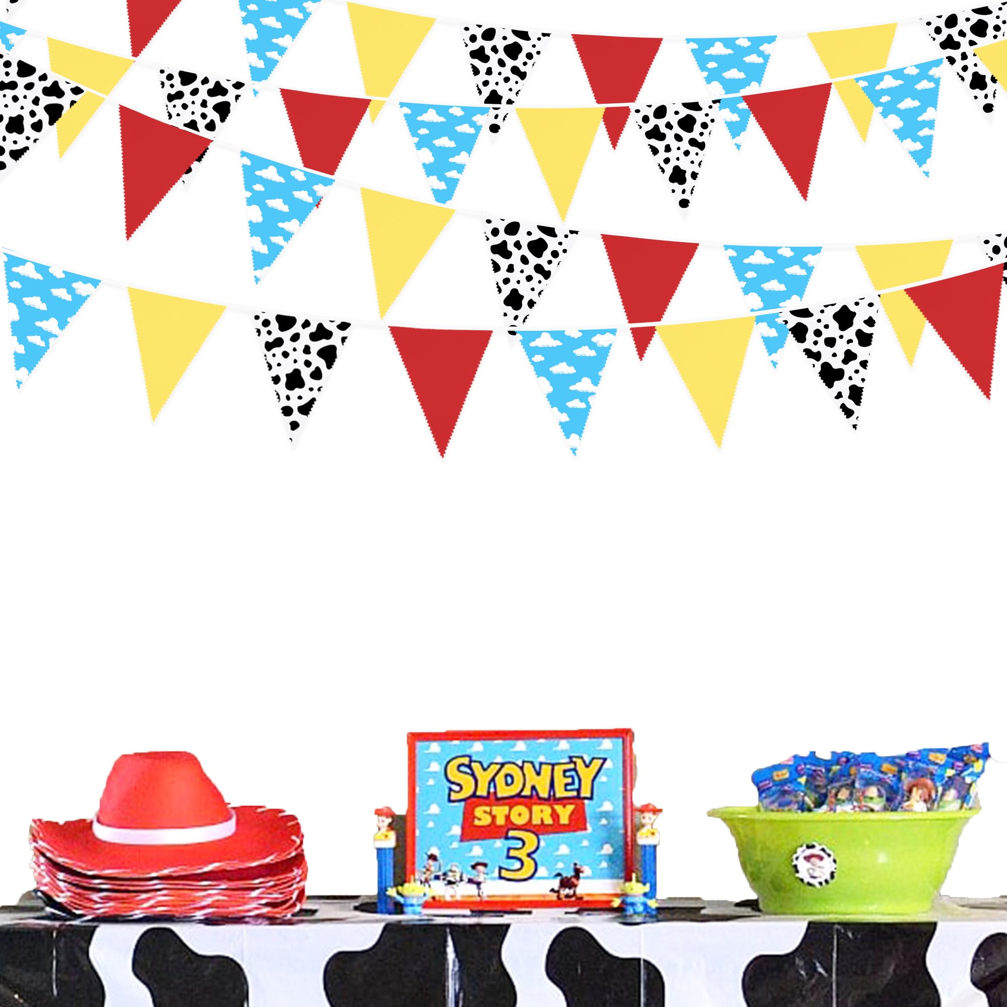 32Ft Cartoon Story Party Decorations Red Blue Yellow Toy Themed Story Fabric Banner Cloud and Cow Print Triangle Pennant Flag Garland Streamers for Kids Birthday Baby Shower Outdoor Garden Supplies