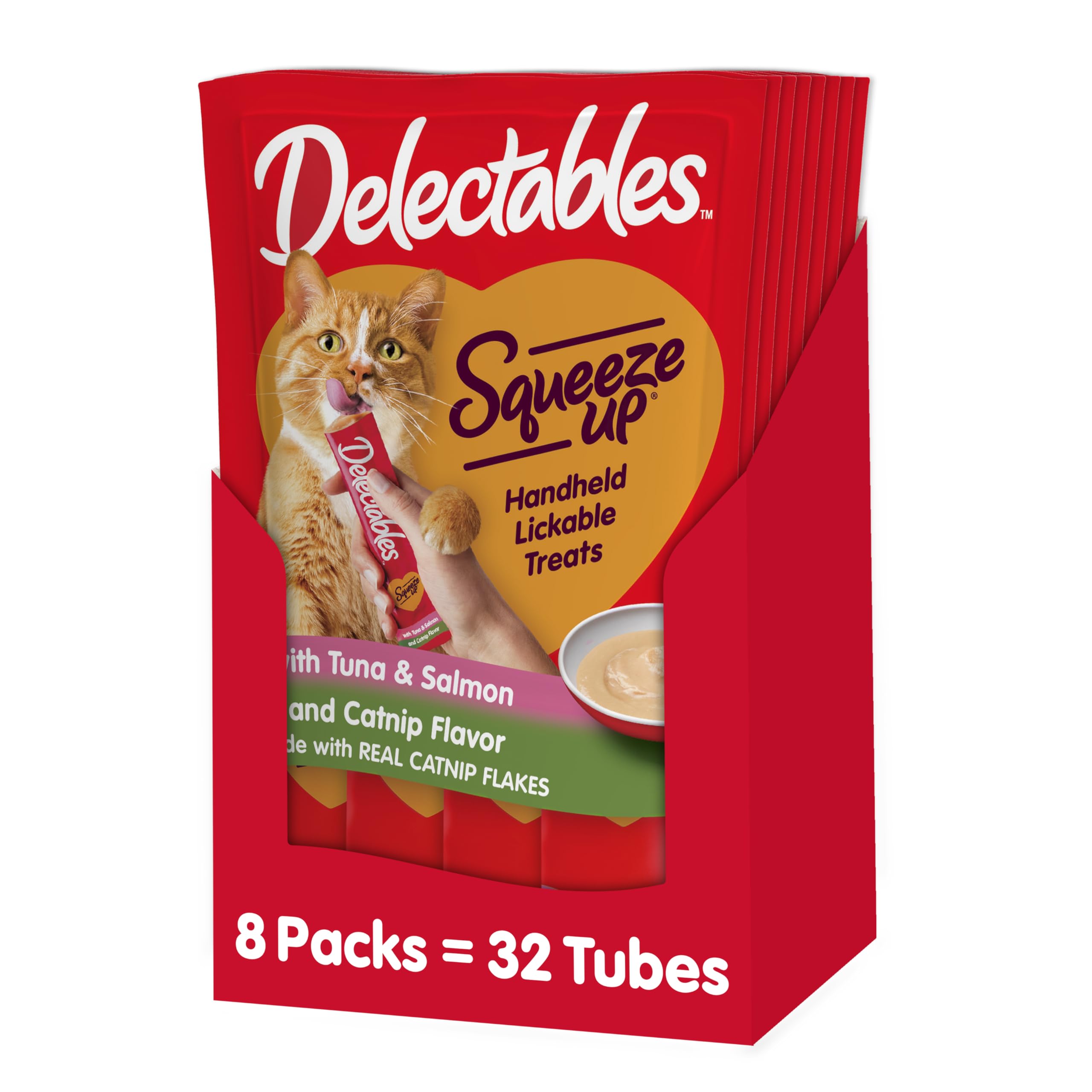 Delectables Squeeze Up Creamy Squeezable Puree, Lickable Wet Cat Treats, Grain Free, No Added Fillers, No By-Products, No Added Preservatives, 0.5 Ounces Tube Tuna & Salmon with Catnip, 32 Tubes Total