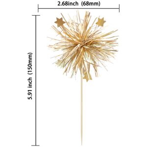 Gyufise 30Pcs Foil Firework Cupcake Toppers Happy Birthday Cake Toppers Sparkle Tinsel Flower Drink Stirrers Cocktail Food Fruit Toothpicks for Valentine's Day Party Supplies Gold