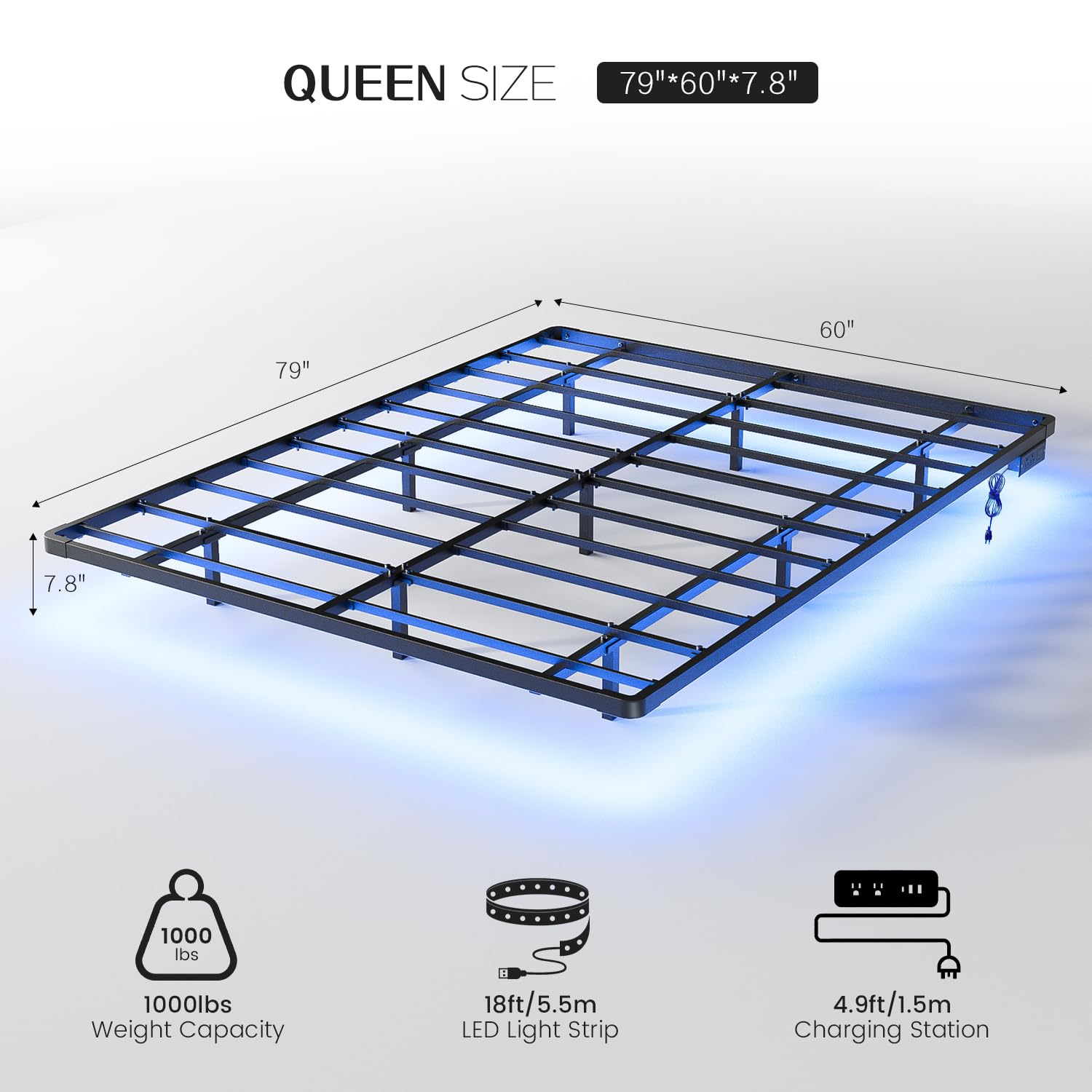 OLEVS Floating Bed Frame Queen Size with Smart LED Lights and Charging Station - Modern Metal Platform Bed, Easy Assembly No Box Spring Needed