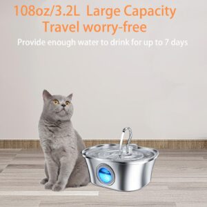 Stainless Steel Cat Water Fountain, 108oz/3.2L Cat Water Fountain with Filter, Automatic Cat Water Fountain with Ultra-Silent Pump, Water Level Window, Cat Feeding & Watering Supplies