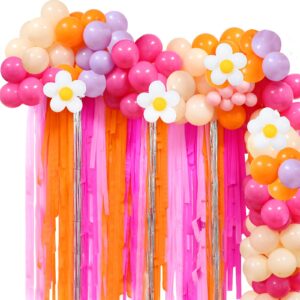 pink orange groovy balloon arch fringe backdrop, daisy balloon garland arch kit, groovy streamers for flower groovy birthday baby shower wedding bachelorette groovy party decorations