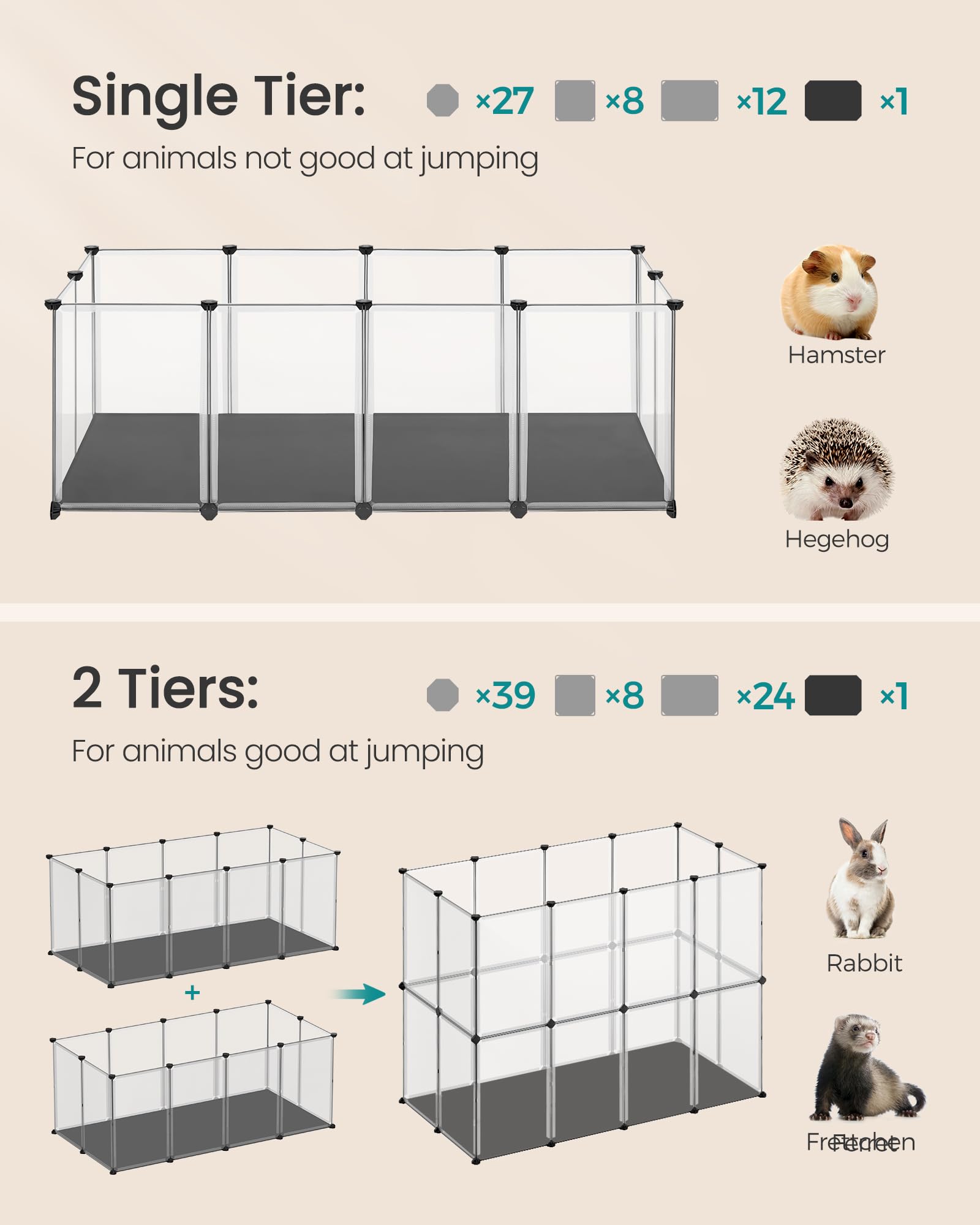 SONGMICS 20 Panels Guinea Pig Playpen,Removable Oxford Fabric Mat,Small Animal Pen, Pet Fence Indoor,DIY Plastic Enclosure for Hamsters, Rabbits, Hedgehogs, 49.2 x 24.8 x 16.5 Inches, White ULPC009W01