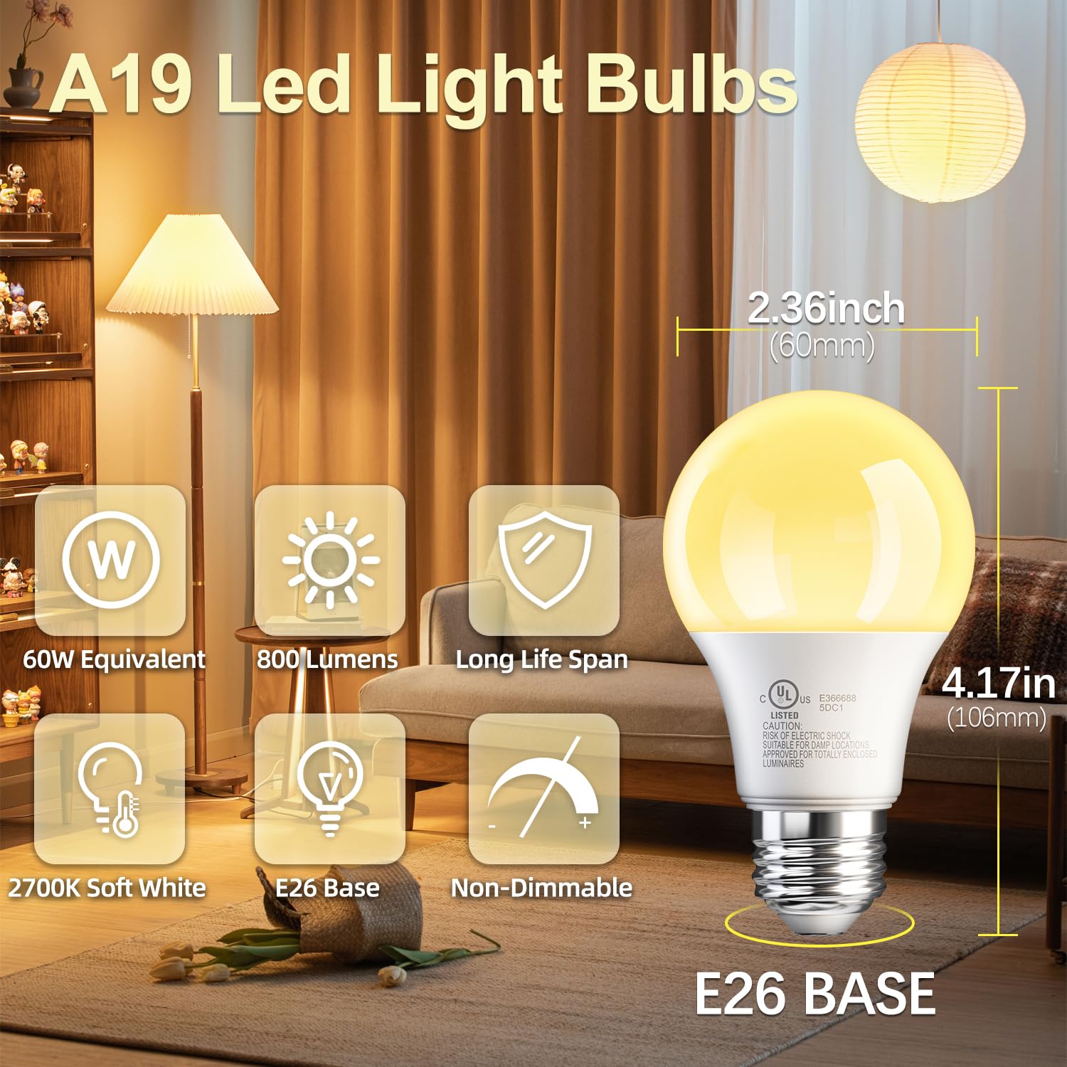 TJOY 6 Pack A19 LED Light Bulbs, 60 Watt Equivalent LED Bulb, Soft Warm White 2700K, Efficient 9W, E26 Standard Base, Non Dimmable Energy Saving Light Bulb, 800LM, 80 CRI, 120V, UL Listed