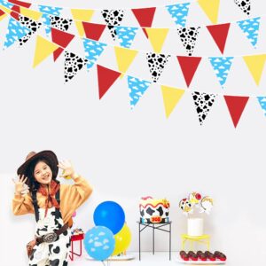 32Ft Cartoon Story Party Decorations Red Blue Yellow Toy Themed Story Fabric Banner Cloud and Cow Print Triangle Pennant Flag Garland Streamers for Kids Birthday Baby Shower Outdoor Garden Supplies