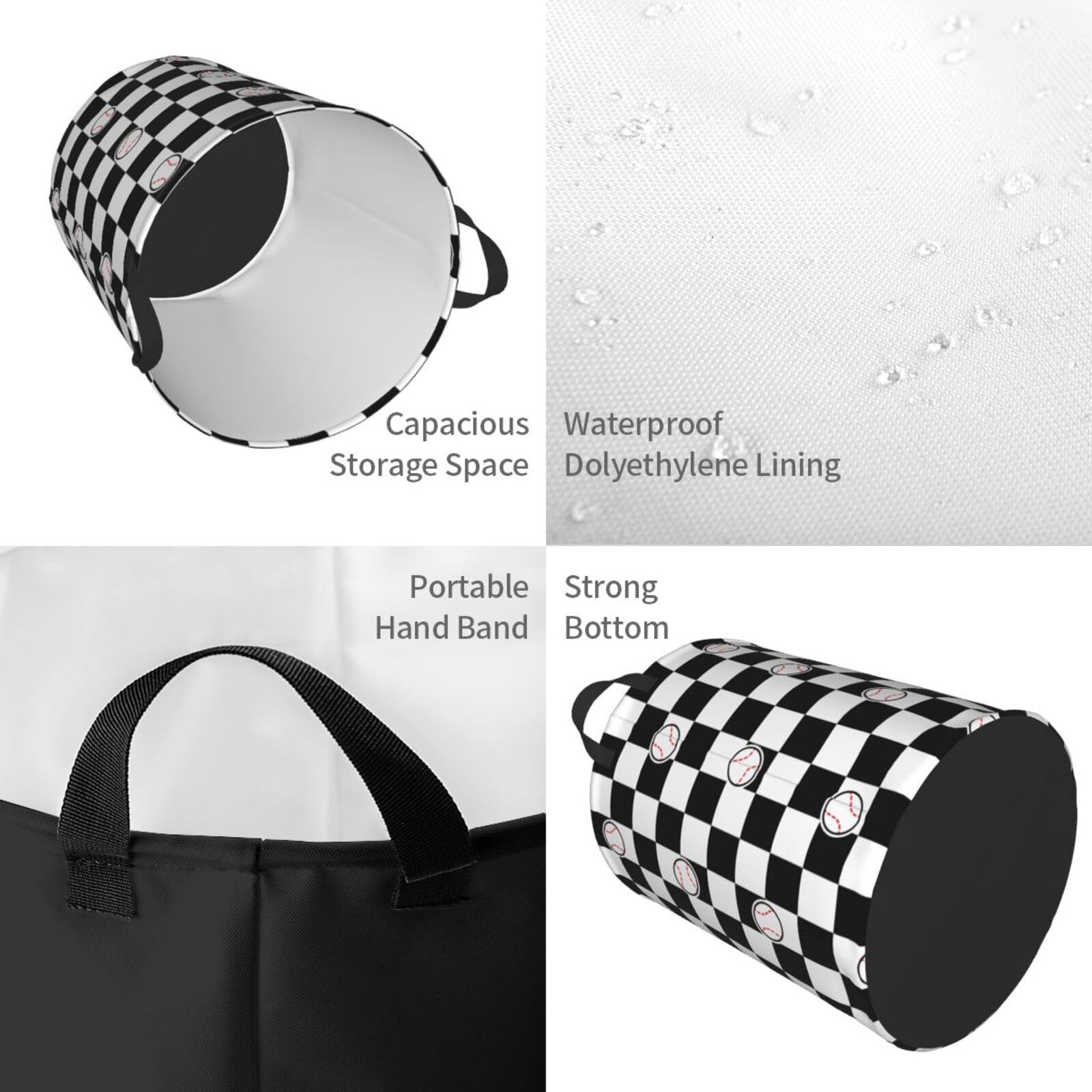 Gbuzozie Black And White Checkered Baseball Pattern Round Laundry Hamper Storage Basket Toys Clothes Organizer Bin For Home Bathroom Bedroom Dorm Nursery, 62l