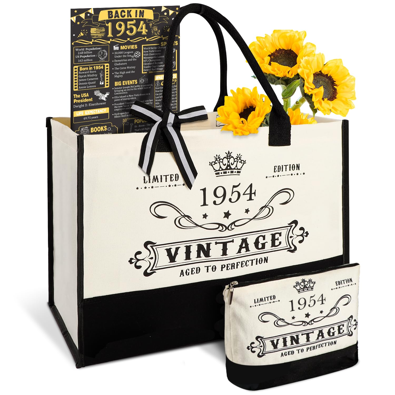 70th Birthday Gifts for Women Canvas Tote Bag Travel Gear, Unique 70 Years Old Gifts for Mom Aunt Friends Wife Sister Her Turning 70, Vintage 1954 Beach Bag & Cosmetic Bag & Back in 1954 Poster