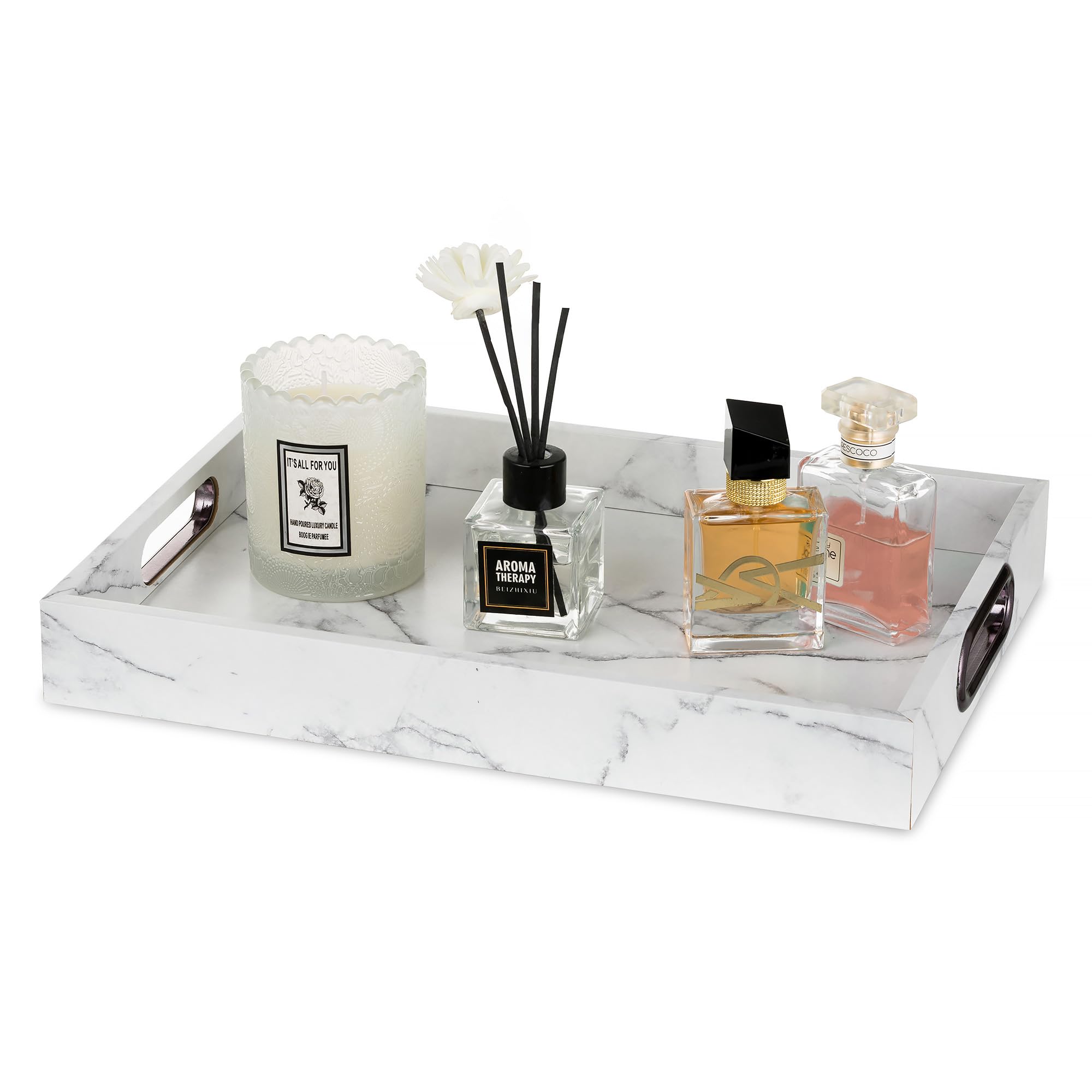 Hanobe Bathroom Vanity Tray Decorative: White Faux Marble Perfume Trays with Black Handles Rectangle Modern Table Decor for Dresser Counter