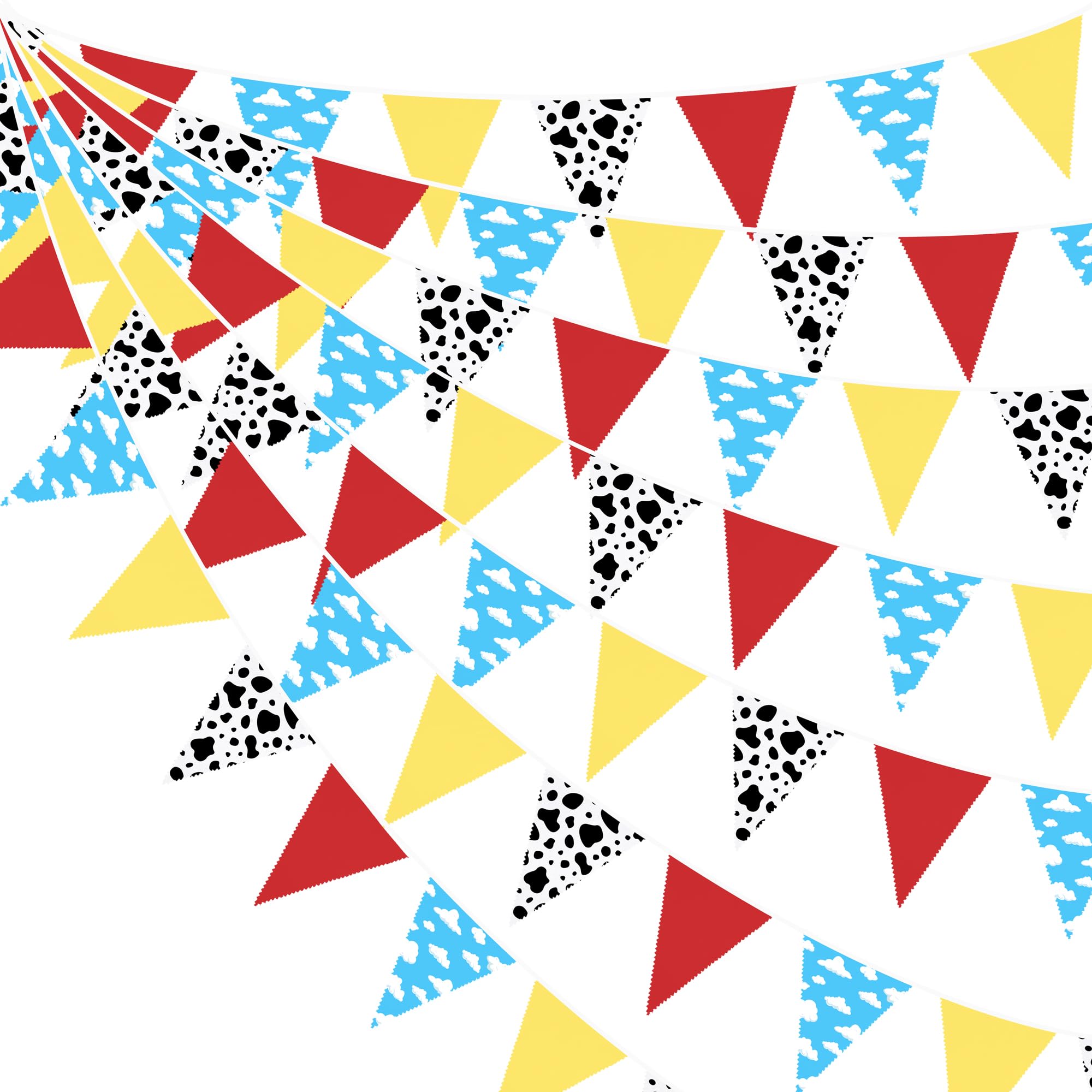 32Ft Cartoon Story Party Decorations Red Blue Yellow Toy Themed Story Fabric Banner Cloud and Cow Print Triangle Pennant Flag Garland Streamers for Kids Birthday Baby Shower Outdoor Garden Supplies