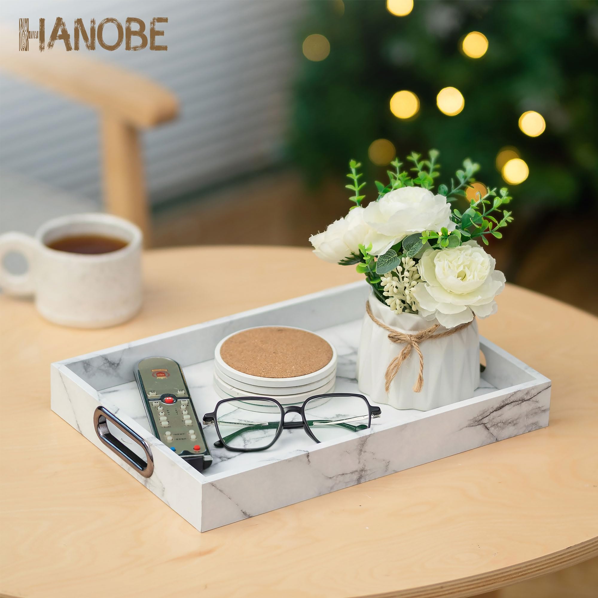 Hanobe Bathroom Vanity Tray Decorative: White Faux Marble Perfume Trays with Black Handles Rectangle Modern Table Decor for Dresser Counter