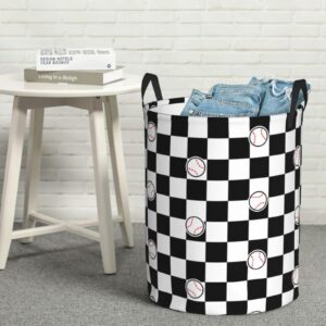 Gbuzozie Black And White Checkered Baseball Pattern Round Laundry Hamper Storage Basket Toys Clothes Organizer Bin For Home Bathroom Bedroom Dorm Nursery, 62l