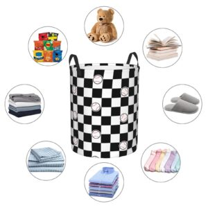 Gbuzozie Black And White Checkered Baseball Pattern Round Laundry Hamper Storage Basket Toys Clothes Organizer Bin For Home Bathroom Bedroom Dorm Nursery, 62l