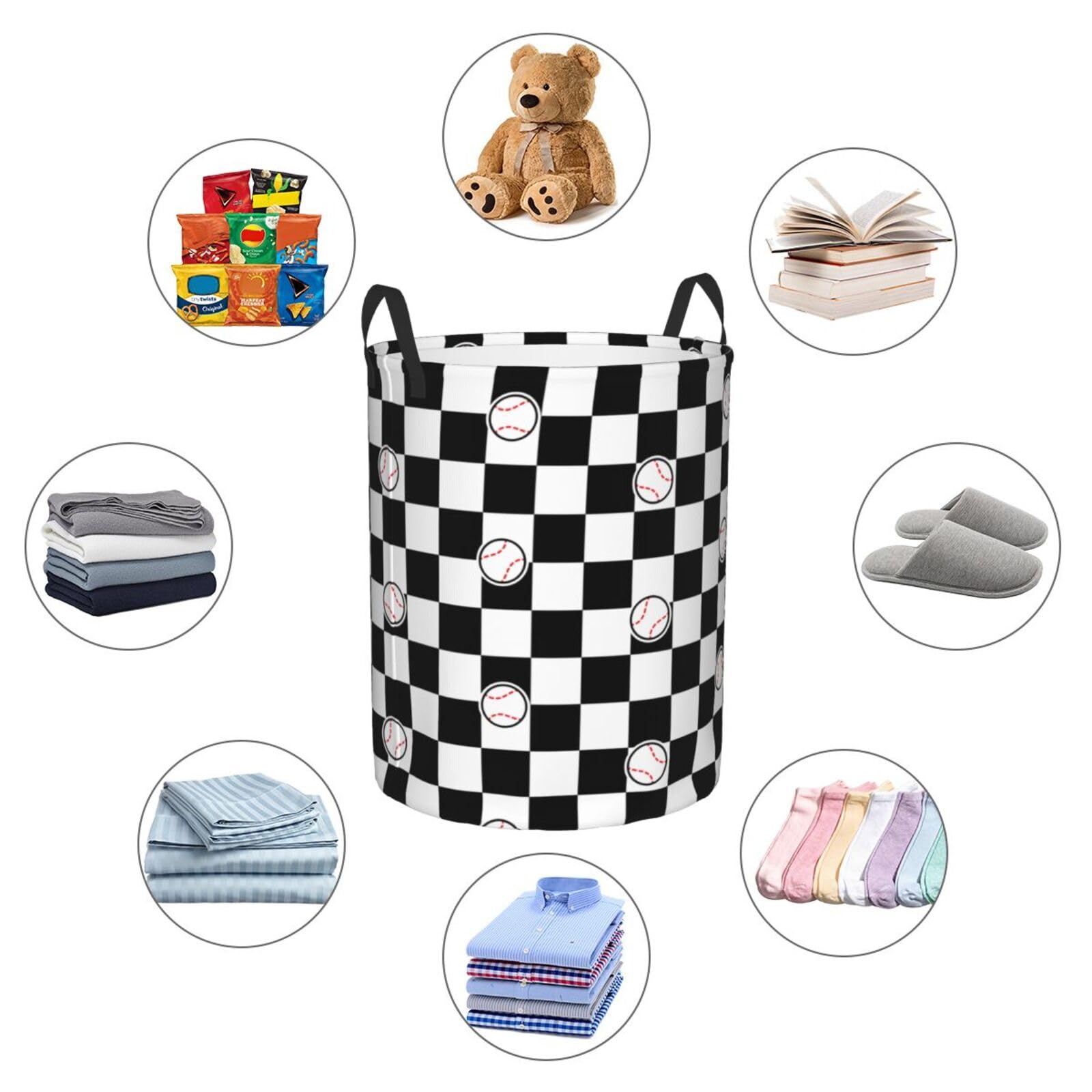 Gbuzozie Black And White Checkered Baseball Pattern Round Laundry Hamper Storage Basket Toys Clothes Organizer Bin For Home Bathroom Bedroom Dorm Nursery, 62l