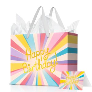 large 13" colorful birthday gift bag set - gold foil, bag with handles, matching tissue paper & cards. reusable ideal for boys or girls' party & special occasion